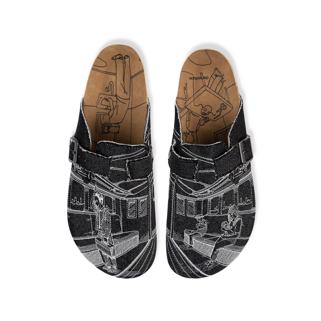 "faces" clogs black denim – derschutze